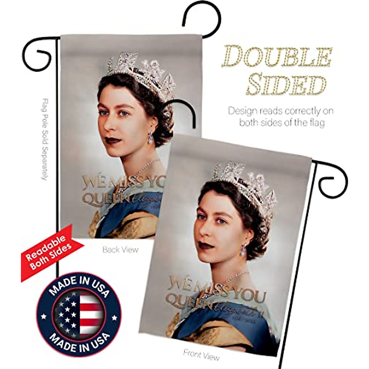 Queen Elizabeth II Flag We Miss You Garden Flag Set Wood Dowel Sweet Life Sympathy Remembrance Memorial Bereavement Love Support Emotion Postive House Banner Small Yard Gift Double-Sided, Made in USA