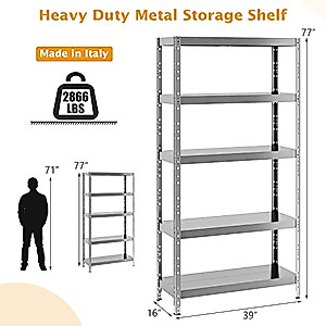 Tangkula Garage Storage Shelves, 5-Tier Metal Shelves for Storage, Shelving Unit with Foot Pads, Heavy Duty Storage Rack, 2866LBS Load Capacity, Bolt-Free Assembly, 39 x 16 x 77 Inches (1, Silver)