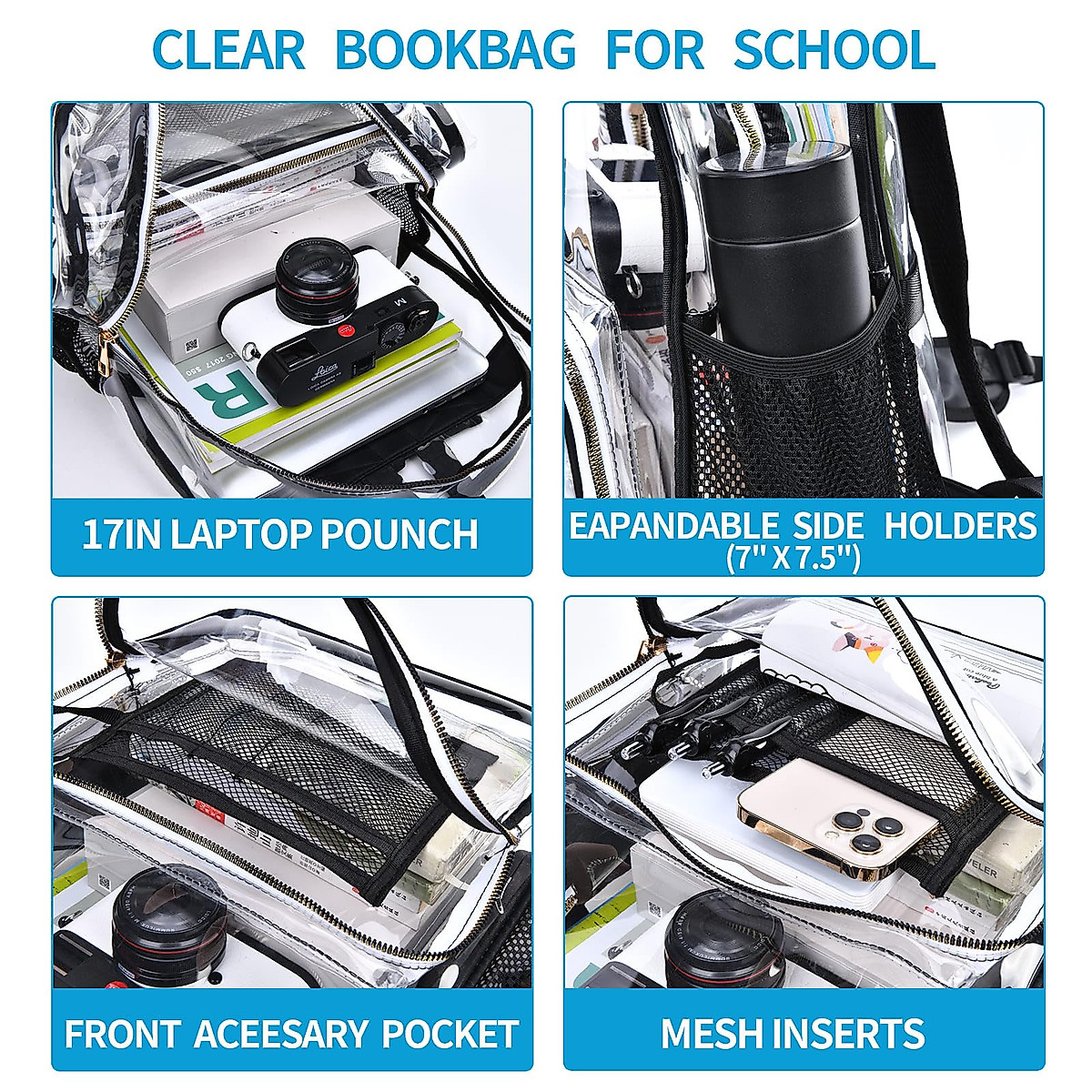 BYXEPA Clear Backpack Heavy Duty 17in TPU See Through Transparent Backpack with Reinforced Strap & Large Capacity for Girls Women School College Workplace Security - Lavender