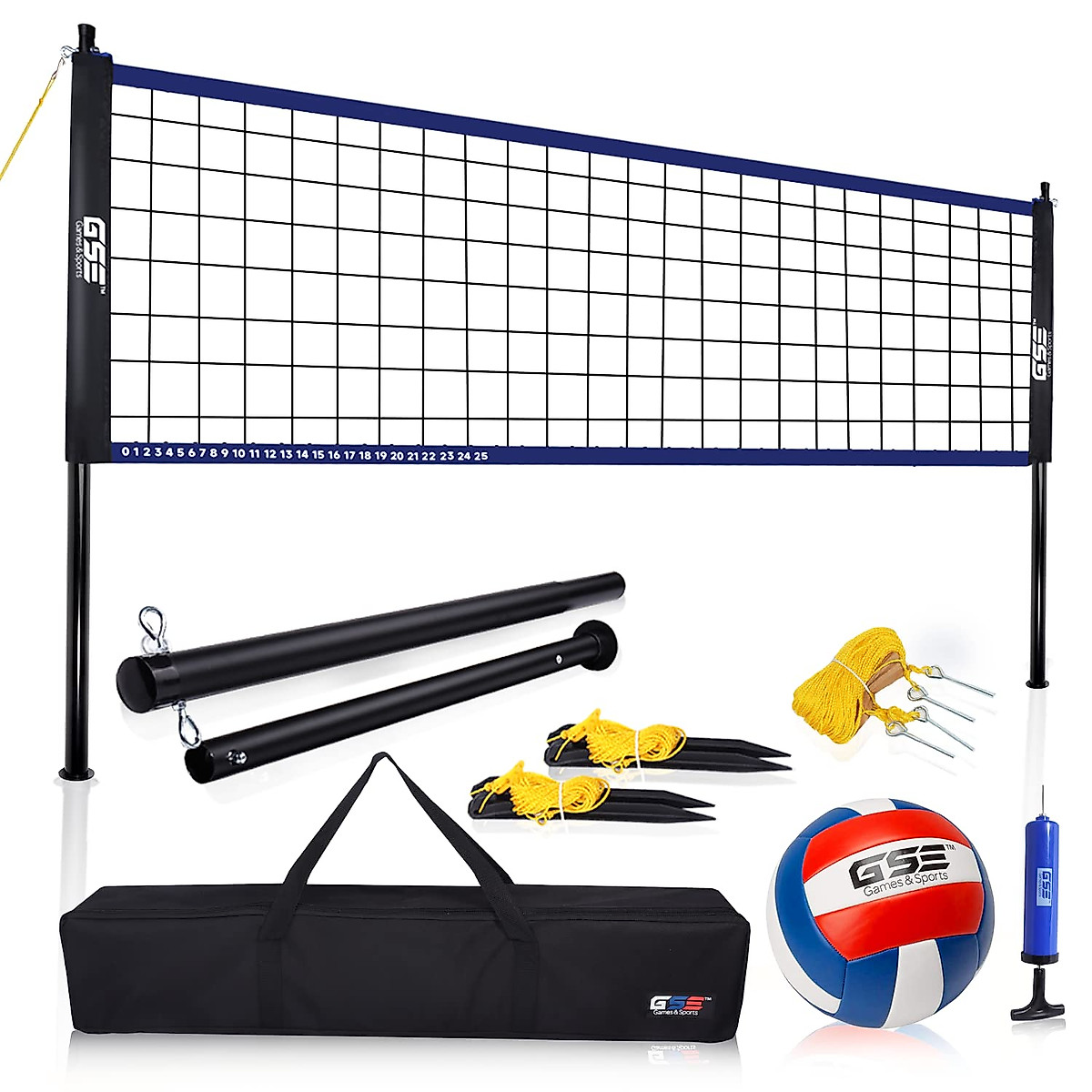 GSE Portable Volleyball Complete Set for Outdoor Backyard, Lawn, Park, and Beach. Professional Volleyball Net System with Poles, Volleyball & Pump, Boundary Line, and Carrying Bag(Recreational)