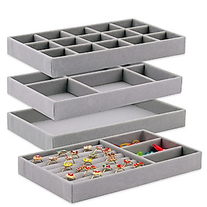 Velvet Jewelry Trays Organizer for Drawers,4 Pack Stackable Jewelry Display Trays for Drawer, Jewelry Storage Organizers Earring Necklace Bracelet Ring Holder Organizer,Jewelry Display Tray