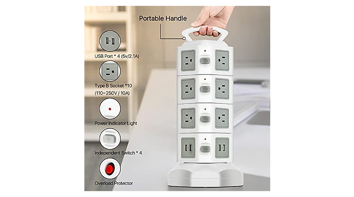 TNP Power Strip Tower: 14 Outlets & 4 USB Ports