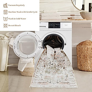 GarveeHome 9x12 Washable Rug Vintage Rug Indoor Floor Cover Print Distressed Medallion Rug Non Slip Soft Rug Foldable Large Accent Rug Lightweight Carpet, Taupe Multi