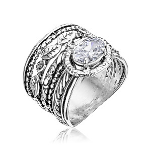 925 Sterling Silver Ring w/ White Cubic Zirconia Oval Shape Prong Multiple Bands Rich Stack Look Hypoallergenic Nickel and Lead-free Artisan Handcrafted Designer Collection, Made In Israel