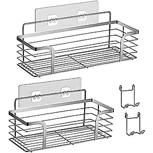 Shower Caddy Baskets with Removable Hooks Shelf Organizer Storage for Shampoo Conditioner Sponge Holder Shower Shelf Basket Kitchen Bathroom Organizer No Drilling Wall Mounted SUS304 Stainless Steel