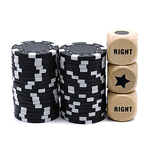 Bilywey Upgrade Left Right Center Dice Game Set with 3Pcs Beech Wood Dices + 36Pcs 11.5g Poker Chips (Black)