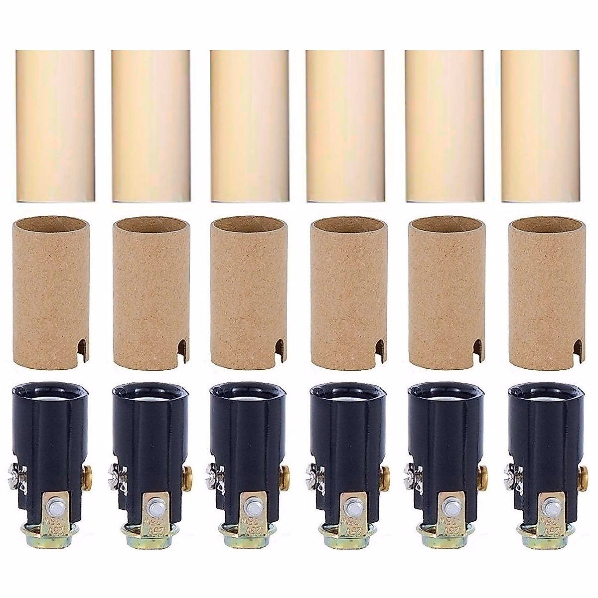 Creative Hobbies Chandelier Lighting Fixture Socket Kit, Candelabra E-12 Sockets with Cardboard Insulators and 1 3/4-Inch Tall Cream Plastic Candle Cover Sleeves, Set of 6