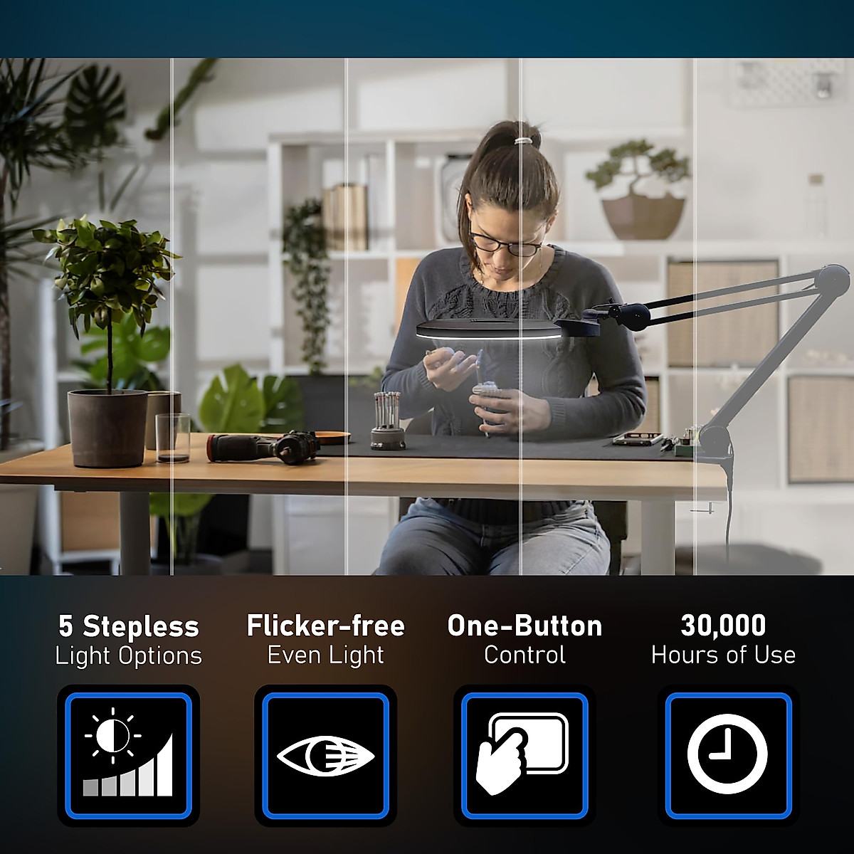 Desk Magnifying Glass with Light - DAEV - 7" Large LED Magnifying Glass with Clamp, Easy Change 5D (2.25X) and 3D (1.75X) Glass. 1600 Lumen, 6500K CCT Dimmable LED Magnifier with Light, Black