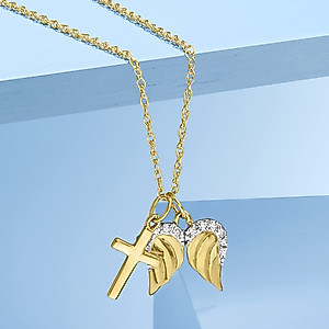 Ross-Simons 14kt Yellow Gold Cross and Angel Wings Pendant Necklace With Diamond Accents. 18 inches