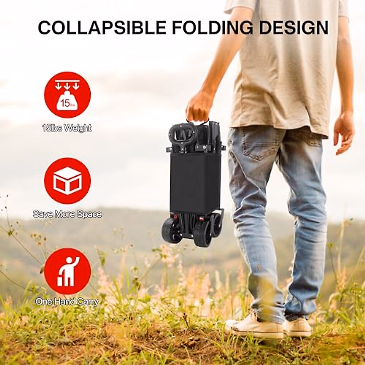 Ribitek Collapsible Folding Wagon,Heavy Duty Foldable Utility Garden Cart with Big All-Terrain Beach Wheels, Cup Holders & Side Pockets,for Camping, Garden, Sports, Shopping, Black