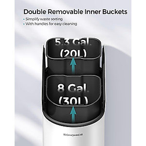 SONGMICS 13-Gallon Dual Kitchen Trash Can, 5.3 and 8 Gallon Compartments, Garbage Can with Wing Lids, Stainless Steel, Soft Close, Inner Buckets, Cloud White and Metallic Silver ULTB570W50