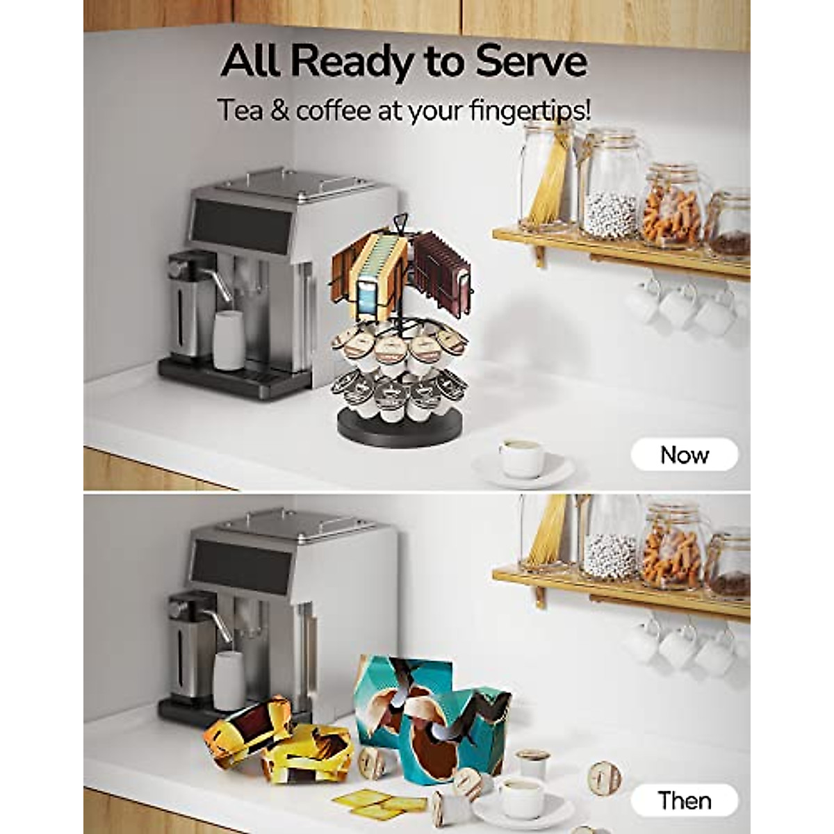 ULG Coffee Pod & Tea Bag Organizer Carousel Stand, K Cup Holder, Organizes 20 K-cups for Keurig and 60 Tea Bags - Coffee Bar Accessory for Kitchen Office, Countertop or Coffee Station Storage, Black