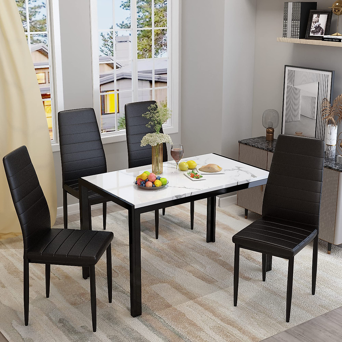 AWQM Faux Marble Dining Table Set for 4,Kitchen Table and Chairs,5 Piece Dining Room Table Set,Rectangular Table and 4 PU Leather Chairs for Living Room,Small Space,Breakfast Nook,White&Black