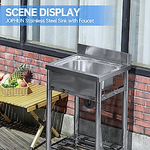JOPHUN Stainless Steel Sink, Free Standing Single Bowl Kitchen Sink w/Storage Shelves Indoor Outdoor