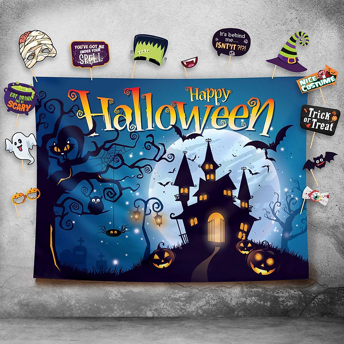 Happy Halloween Photography Backdrop and Studio Props DIY Kit. Great as Photo Booth Background, Costume Dress-up Party Supplies and Event Decorations
