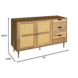 GIA Home Furniture Series Boho Rattan Sideboard with 2 Door &3 Drawers,Buffet Storage Cabinets with Adjustable Shelving and Wine Rack for Living & Dining Room,Black Metal Frame, Oak Finish