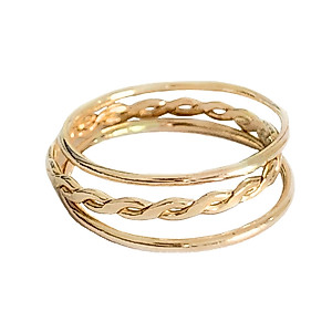 Toe Rings | 3 Stackable 14K Gold Fill Rings | Skinny Band and Braid Ring Stack | Unisex (4.5)