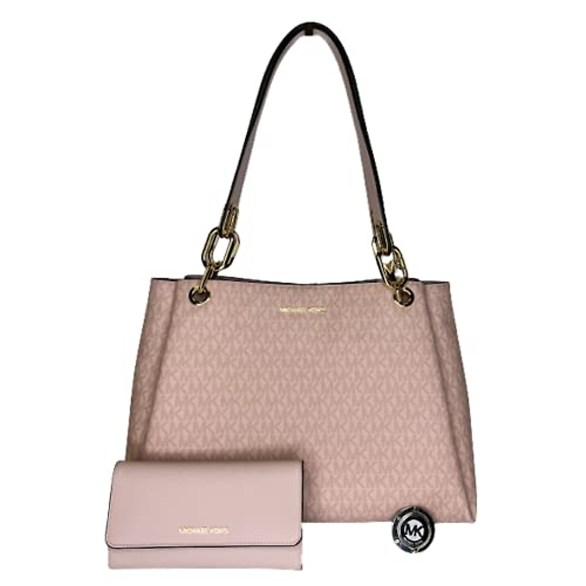 MICHAEL Michael Kors Trisha Large Triple Gusset Shoulder Tote bundled with Large Trifold Wallet and Michael Kors Purse Hook (Signature MK DK Powder Blush)