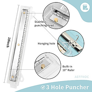AEFFNOC 3 Hole Punch, Portable 3 Hole Puncher for Binder, Three Hole Punchers with 10 Inches Ruler, 3 Ring Hole Punches, 5 Sheets Capacity, for School, Office (White)