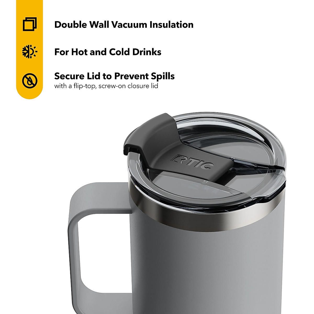 RTIC Travel Mug with Handle, 16 oz, Graphite, Portable Thermal Camping Cup, Vacuum-Insulated with Lid, Stainless Steel, Sweat Proof, Keeps Hot & Cold Longer