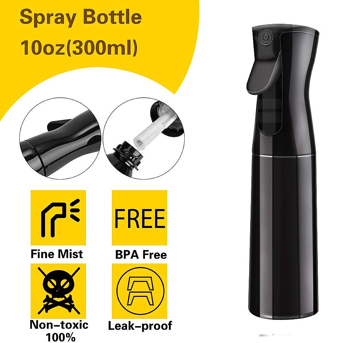Spray Bottle for Hair 10oz Mist Spray Bottle, Continuous Spray Bottle 360 Misting Stylist Sprayers for Barber, Empty Mister Spray Bottle for cleaning, Planting, Hair styling (Black)