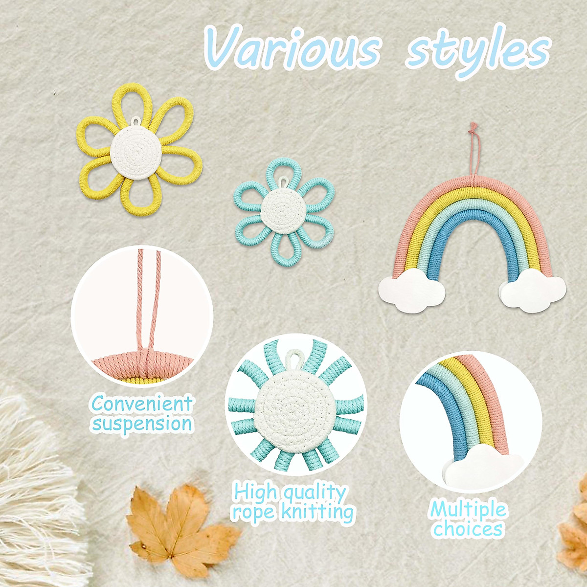 Boho Nursery Decor for Girl Woven Daisy Flower Decor Rainbow Macrame Wall Hanging Baby Girls Kids Nursery Home Bedroom Room Dorm Decor,3PCS