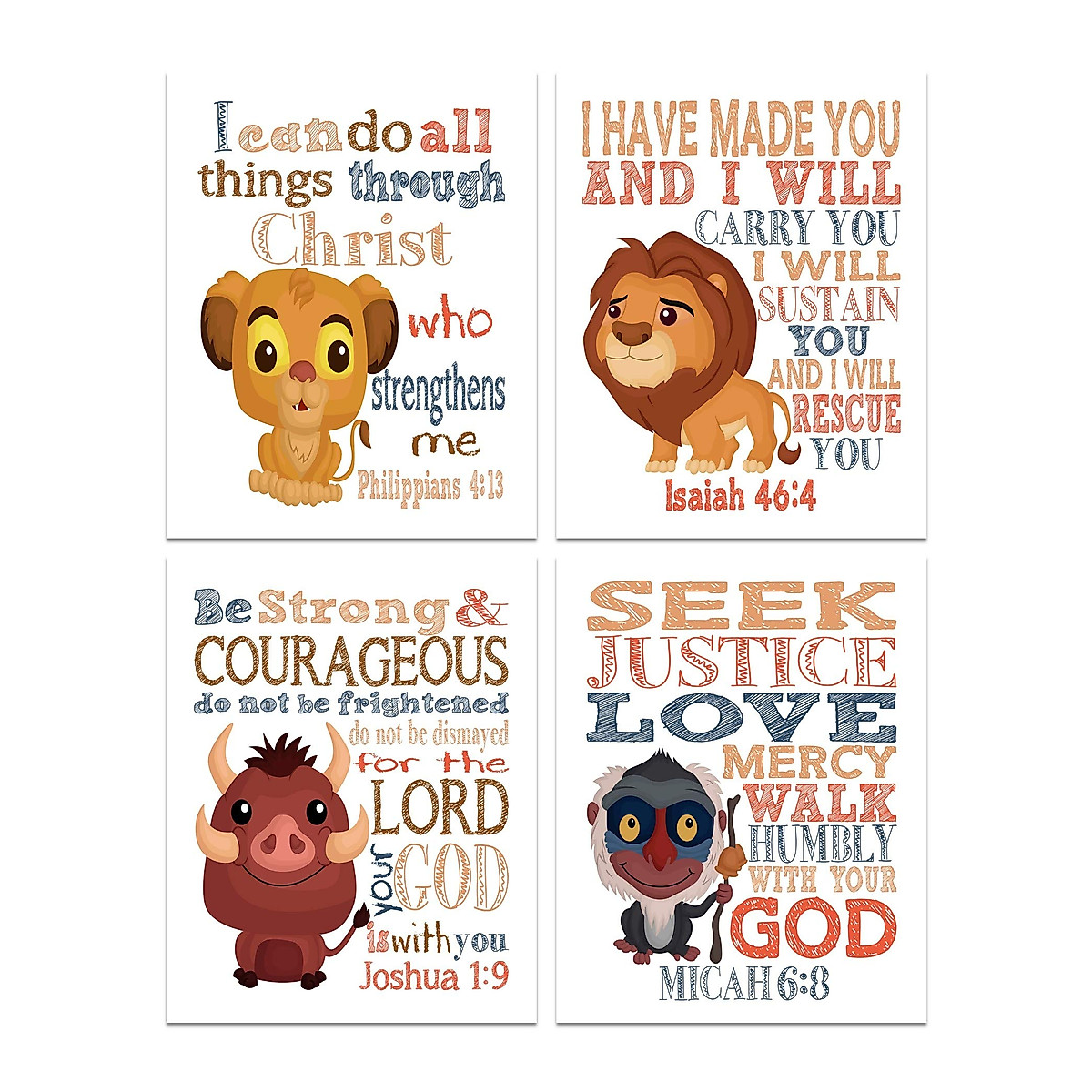 Lion King Christian Nursery Decor Set of 4 Unframed Prints - Mufasa, Pumba, Simba and Timon with Bible Verses
