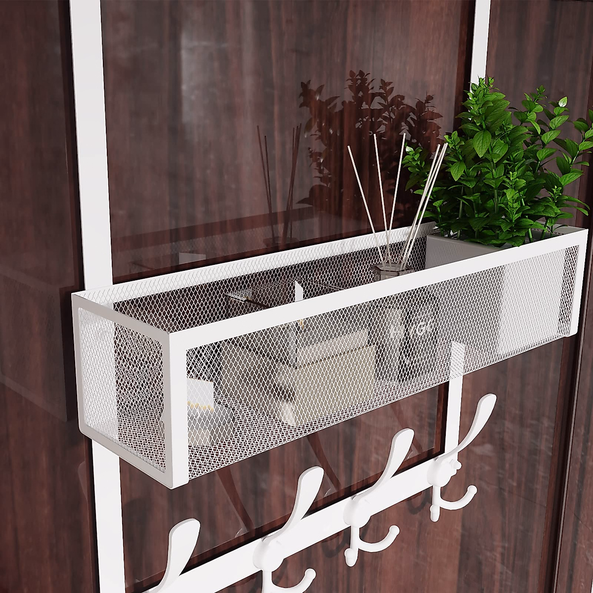 Kaiferty Over The Door Hooks Organizer,Over Door Hanger Towel Rack Mesh Basket with 12 Hooks,Back of Door Storage Organizer for Bedroom,Bathroom,Kitchen,Office(White)