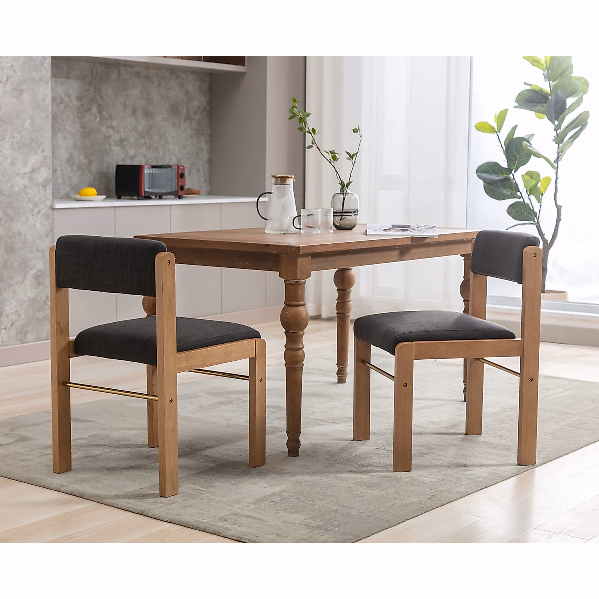 Shunzhi Mid Century Modern Dining Chairs Set of 2 Upholstered Linen Dining Room Chairs with Adjustable Back Wooden Farmhouse Side Chairs for Living Room/Dining Room,Charcoal Black