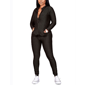 KANSOON Jogging Suits for Women, Textured 2 Piece Outfit Long Sleeve Full Zip Jacket Skinny Pants Tracksuit Set Black L