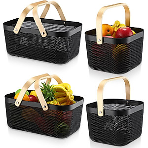 Sadnyy 4 Pcs Plastic Mesh Garden Harvest Basket Storage Basket with Wooden Handle Multi Functional Mesh Bin for Kitchen Cabinet Picnic Fruit Vegetable Gathering Organizer(Large, Small,Black)