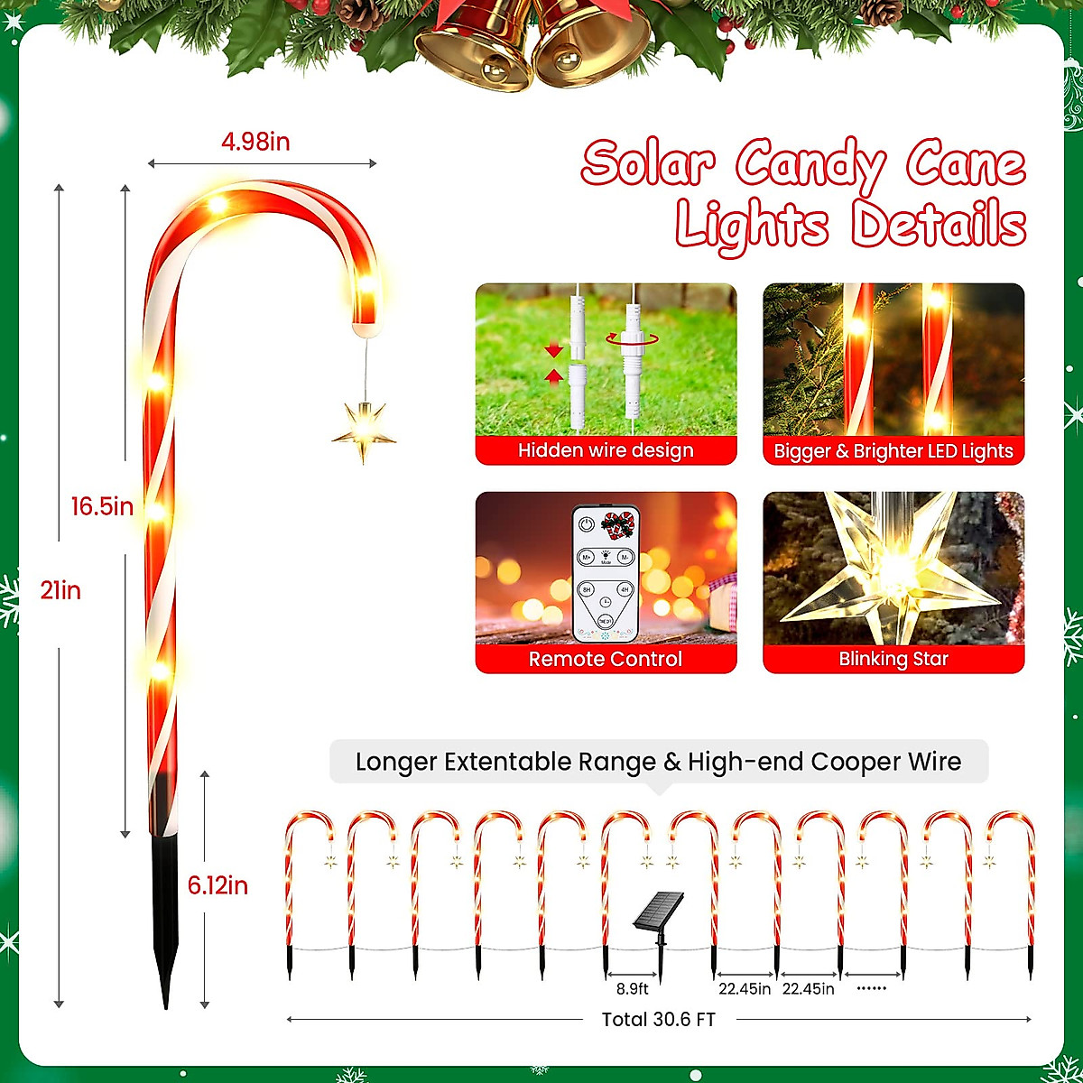 12PK Christmas Decorations Outside Solar Candy Cane Lights, KuBace Newest Solar Pathway Markers Yard Lights with Blinking Star, 9 Modes Xmas Decor for Yard Garden Driveway Walkway, Wider Solar Panel