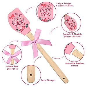 Tuitessine Mother's Day Baking Gift Silicone Spatula Mother 3PCS Kitchen Utensil Idea I Love You Mom for Grandma Wife Heat Resistant Home Mixing Food Grade with Pink Ribbon Bow Housewarming Cookware