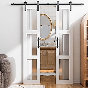 VINGLI 36in x 84in Glass Barn Door with 6.6ft Sliding Barn Door Hardware Kit &Handles, Pre-Drilled Holes Easy Assembly Solid Wood Slab White Sliding Door (Double 18"x84" Doors + 6.6' Track Kit)