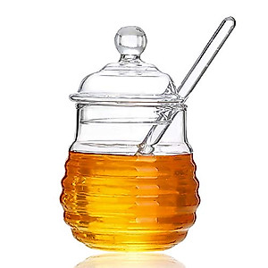 Kingbuy Honey Jar Glass Honeypot with Dipper and Lid Cover Honey Containers for Home Kitchen, 9 Ounce, Clear