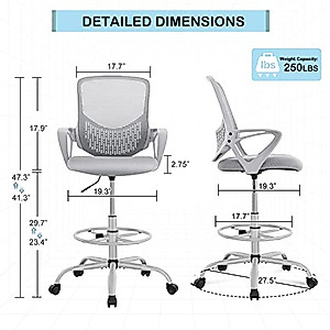OLIXIS Ergonomic Tall Height Standing Mesh Desk Drafting Stool with Adjustable Foot Ring Computer Chair with Armrests for Home Office, Grey, Black