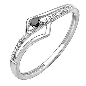 Dazzlingrock Collection 0.10 Carat (Ctw) 10k Round Black And White Diamond Wave Women Bridal Promise Ring 1/5 CT, White Gold, Size 6.5