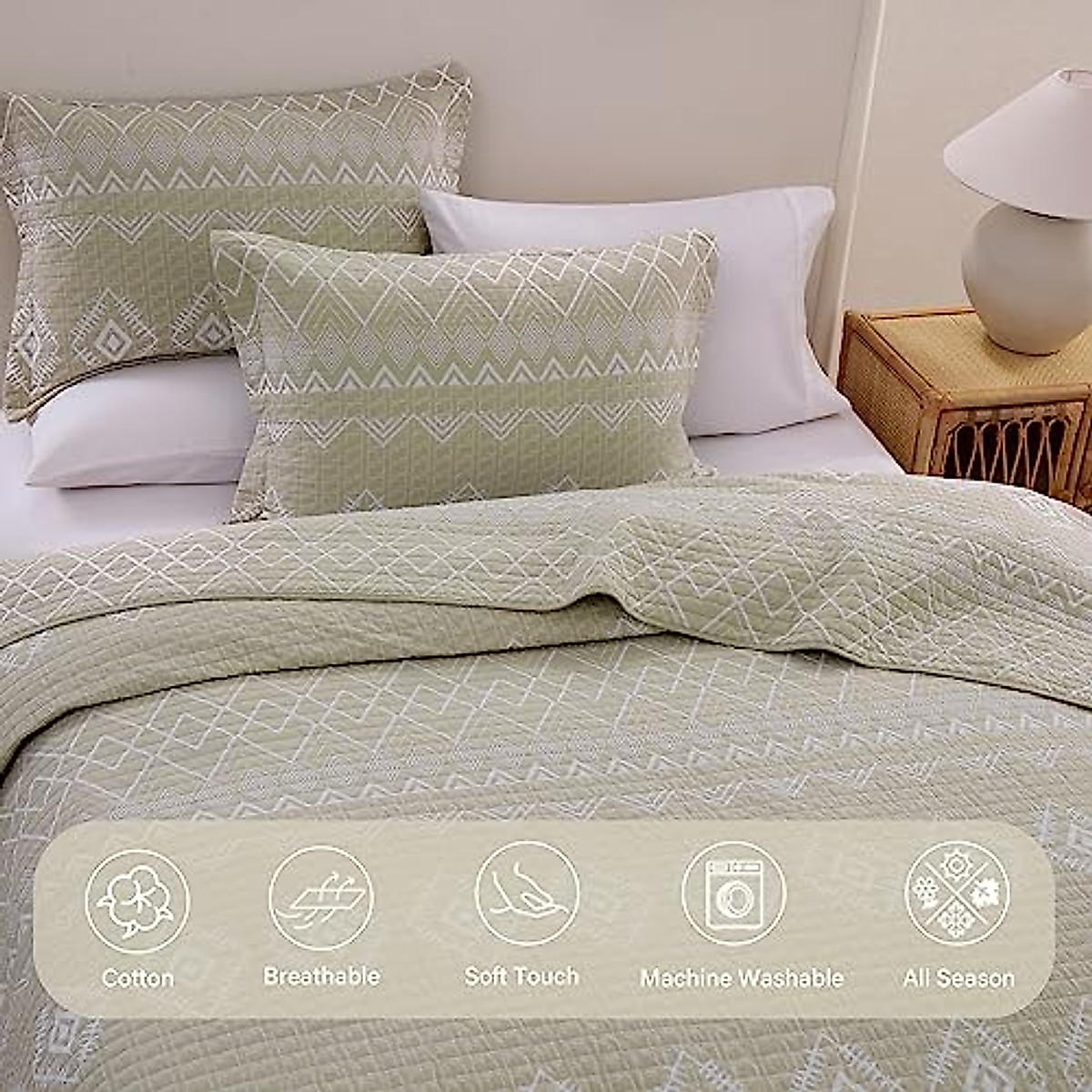 Finlonte King Size Quilt, 100% Cotton Lightweight Boho King Bedspread, Beige White Striped Geometric Soft Reversible Quilt King Size Bedding Set for All Season, 3-Pieces