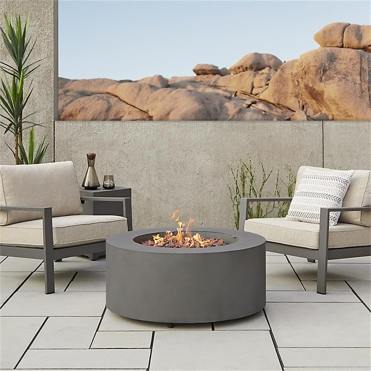 Real Flame Aegean Round Propane Fire Table for Outdoors in Weathered Slate with Natural Gas Conversion Kit, Lid and Storage Cover - Durable Gray Fire Pit