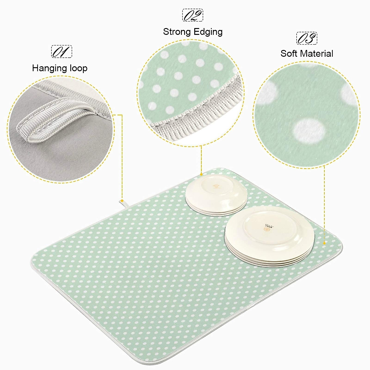 Mint Green Polka Dots Dish Drying Mat 16x18 for Kitchen Counter Cute Pastel Microfiber Dishes Pad Dish Drainer Rack Mats Absorbent Coffee Bar Mats Quick Drying Kitchen Accessories