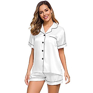 SWOMOG Womens Silk Satin Pajamas Short Sleeve Loungewear Two-Piece Sleepwear Button-Down Pj Set White