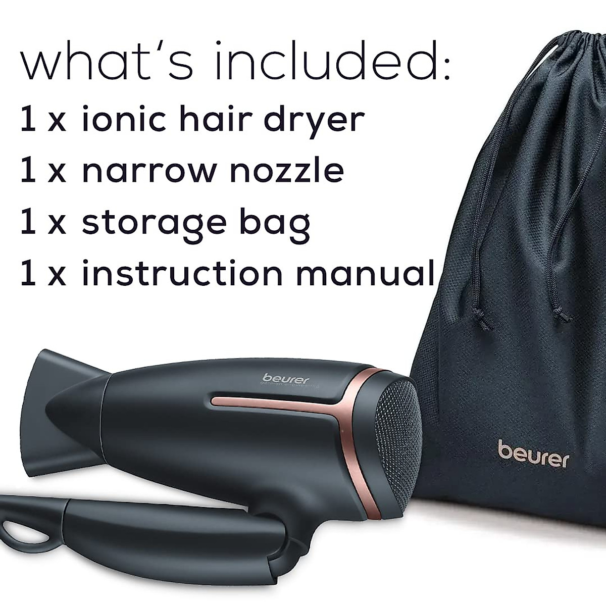 Beurer HC25 Travel Hair Dryer for with Voltage Switch, Powerful Blow Dryrer with Ion Function, 1600W, Anti Frizz, Foldable & Lightweight Styler, Nozzle Attachment