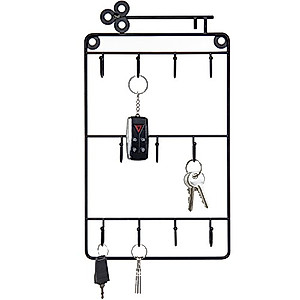 MyGift Black Metal Wall Mounted Key Rack Holder Organizer, Keychain and Lanyard Wall Rack with 11 Hooks and Cut Out Key Design