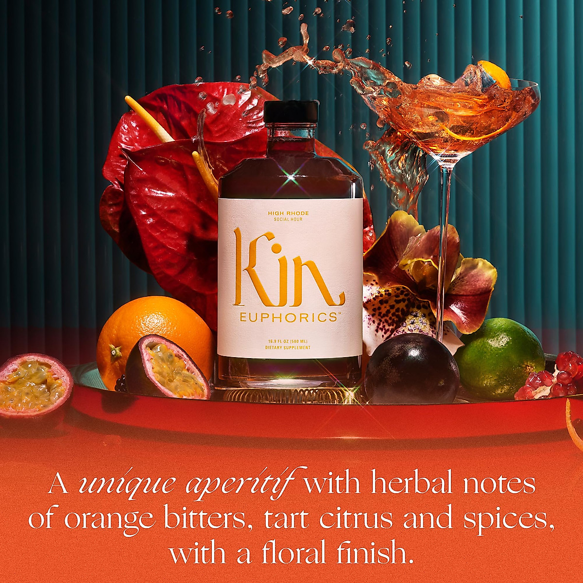 Kin Euphorics High Rhode Non-Alcoholic Aperitif | Elevate Your Social Hour | Adaptogens, Nootropics & Botanicals | Rhodiola Rosea, 5-HTP, GABA | Citrus, Bitters & Spices | 16.9 fl oz