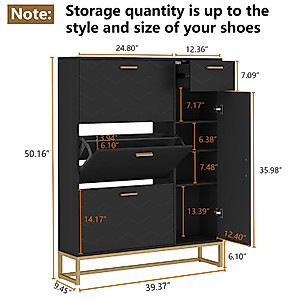 Auromie Shoe Storage Cabinet, Free Standing Shoe Organizer with 3 Flip Drawers,Modern Shoe Rack with Adjustable Side Cabinet,Entryway Narrow Shoe Storage with Door for Hallway Living Room (Black Plus)