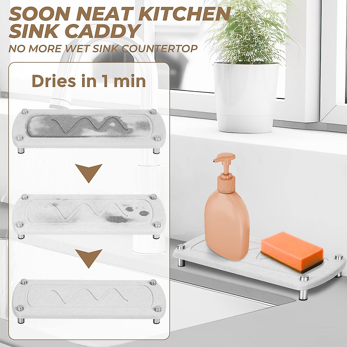 BFONS Instant Dry Sink Organizer, Sink Caddy Diatomaceous Earth Soon Neat Water Absorbing Stone Tray for Sink Kitchen Essentials Fast Drying Sponge Soap Holder Rack for Bathroom Organizer Countertop