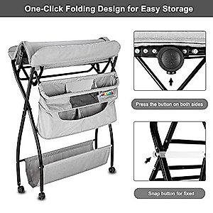 JOYMOR Portable Diaper Changing Station,Folding Baby Changing Table for Infant, Moblie Diaper Changing Table with Wheels, Large Storage Basket ＆ Shelf Portable Nursery Organizer (Grey)