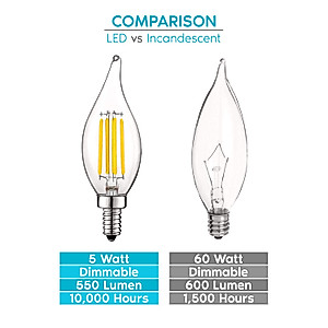 LUXRITE Vintage Candelabra LED Bulb 60W Equivalent, 550 Lumens, 3500K Natural White, LED Chandelier Light Bulbs 5W, Dimmable, Flame Tip Clear Glass, Filament LED Candle Bulbs, E12 Base (6 Pack)
