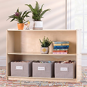 Guidecraft EdQ Two Shelf Open Storage 30'' Natural with 3 Fabric Bins: Wooden Organizer Cabinet for School and Home, Teacher's Book Cubby and Toy Shelf