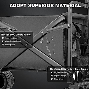 SZHLUX Collapsible Foldable Wagon,Beach Wagon with Big Wheels for Sand,Utility Grocery Wagon with Side Pocket and Brakes for Camping Sports Outdoor Activities